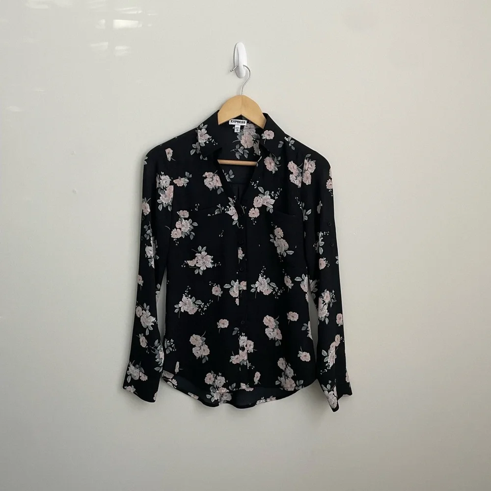 Express | Tops | Express Black Floral Button Down Shirt | Poshmark
